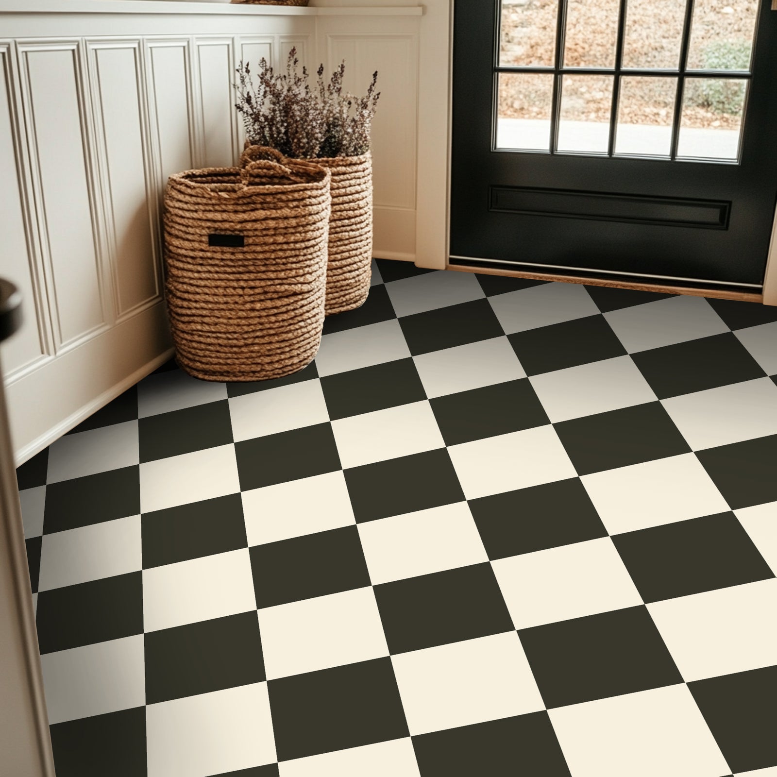 Checkerboard Tile Stickers in Bone White and Charcoal